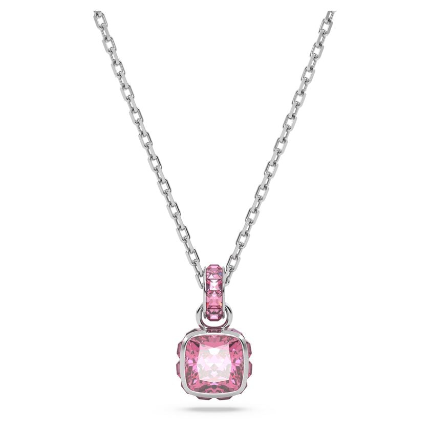 Birthstone pendant, Square cut, October, Pink, Rhodium plated ...