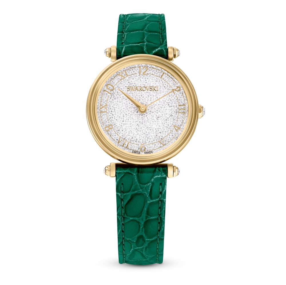 Crystalline Wonder watch, Swiss Made, Leather strap, Green, Gold-tone ...