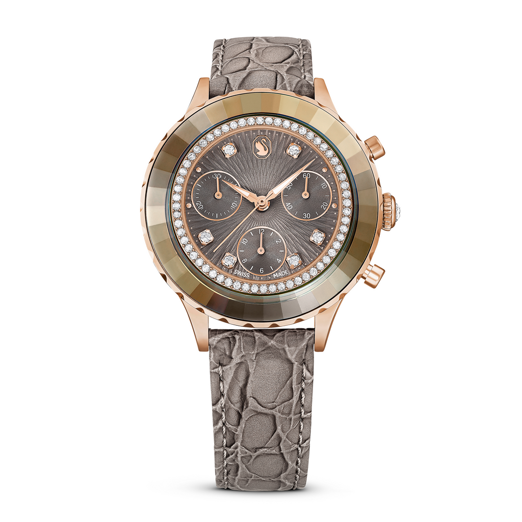 Octea Chrono watch, Swiss Made, Leather strap, Gray, Rose gold-tone fi ...