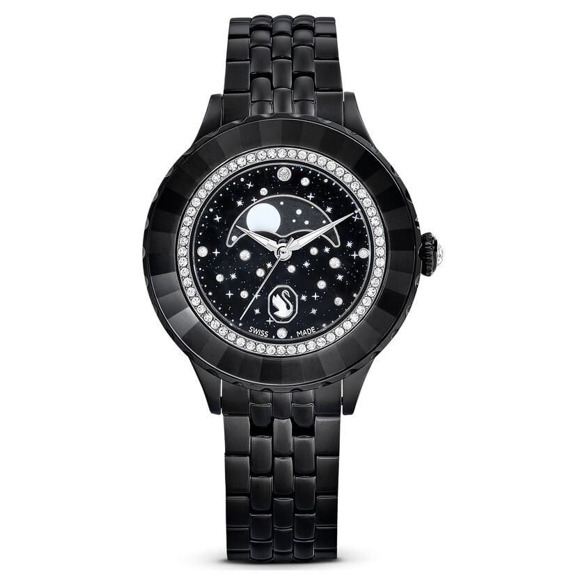 Octea Moon watch, Swiss Made, Moon, Metal bracelet, Black, Black finis ...