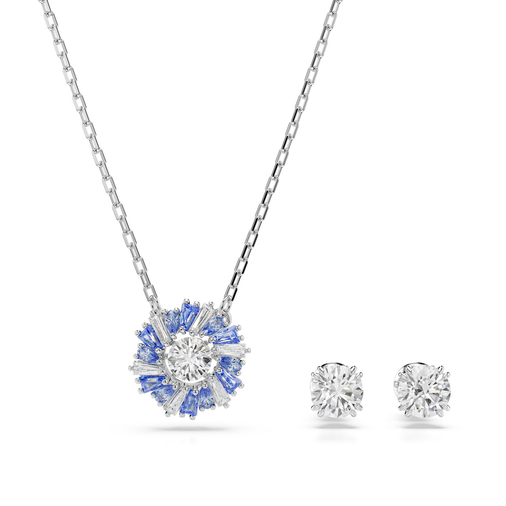 Idyllia set, Mixed cuts, Flower, Blue, Rhodium plated – Swarovski Lebanon