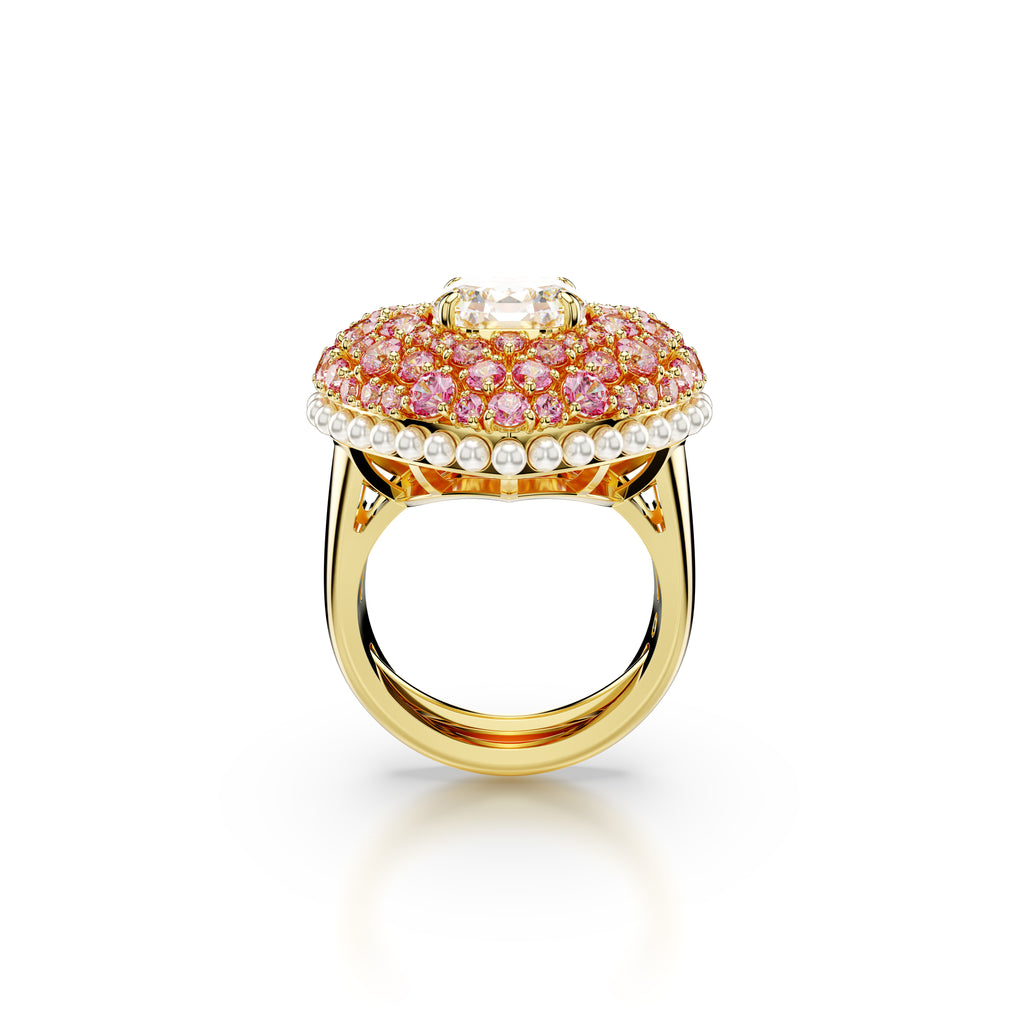 Hyperbola cocktail ring, Octagon cut, Crystal pearls, Heart, Pink, Gol ...