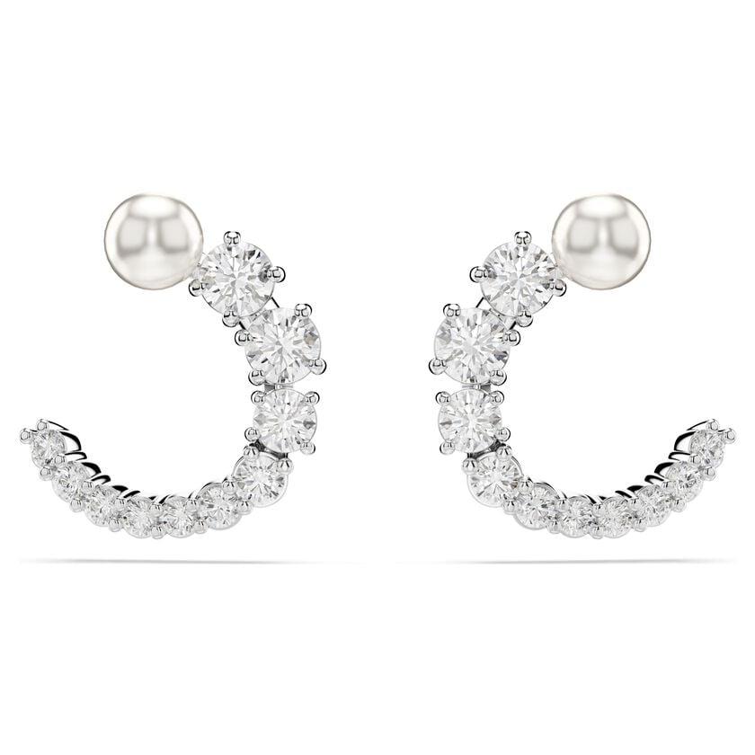 Matrix hoop earrings, Crystal pearl, Round cut, White, Rhodium plated ...