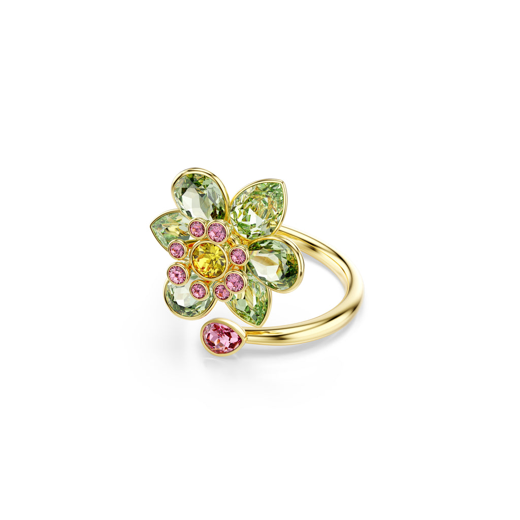 Idyllia open ring, Mixed cuts, Flower, Green, Gold-tone plated ...