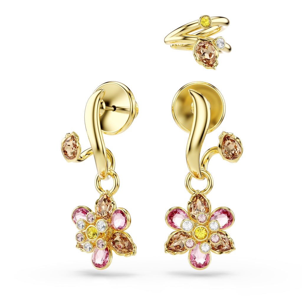 Idyllia earrings Set (3), Mixed cuts, Flower, Multicolored, Gold-tone ...