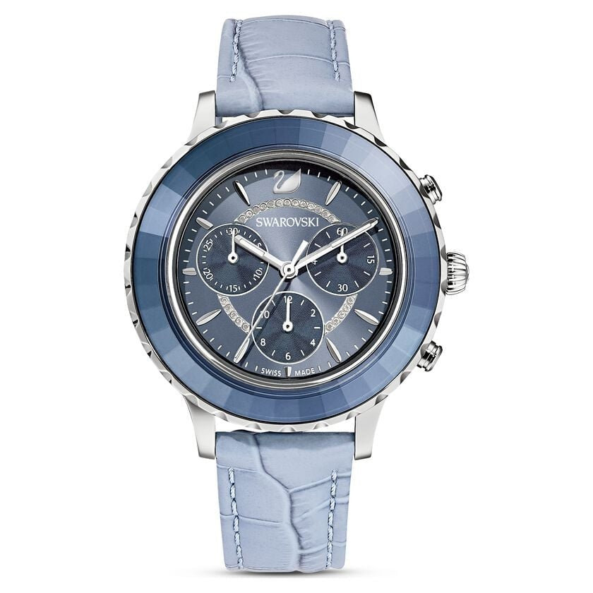 Octea Lux Chrono Watch Leather strap, Blue, Stainless Steel – Swarovski ...